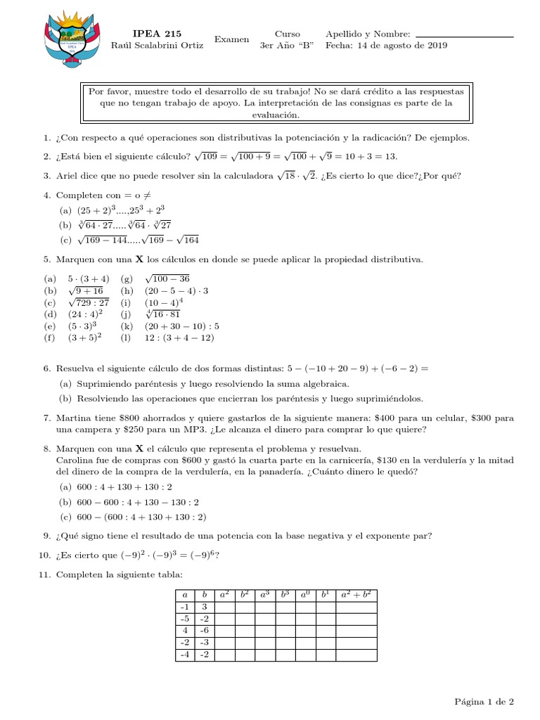 Examen 3B Potencia Raiz y Sus Propiedades | PDF | Exponenciación ...