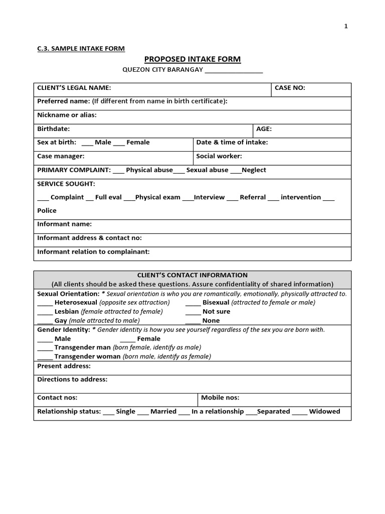 Barangay Proposed Intake Form | PDF | Sexual Orientation | Transgender