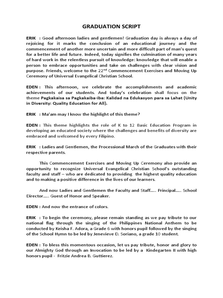 Graduation Script: in Diversity: Quality Education For All) | PDF