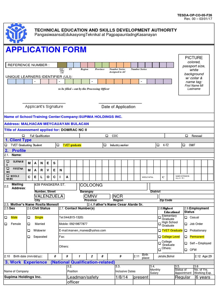 Application Form: Technical Education and Skills Development Authority ...