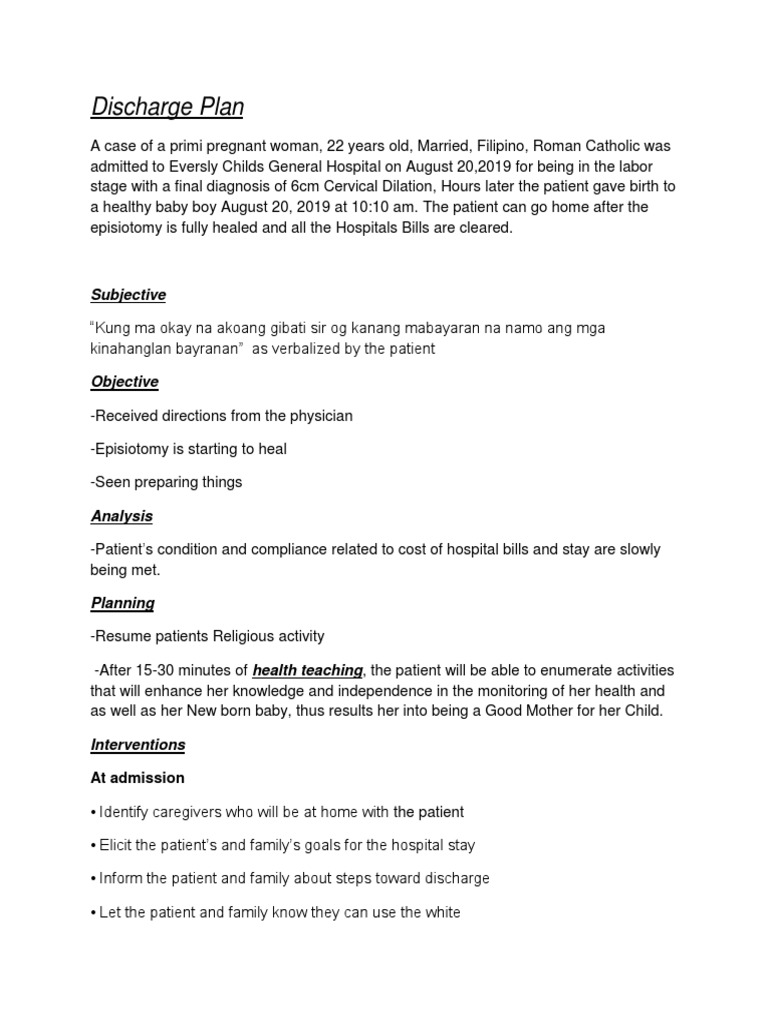 Discharge Plan | PDF | Childbirth | Patient