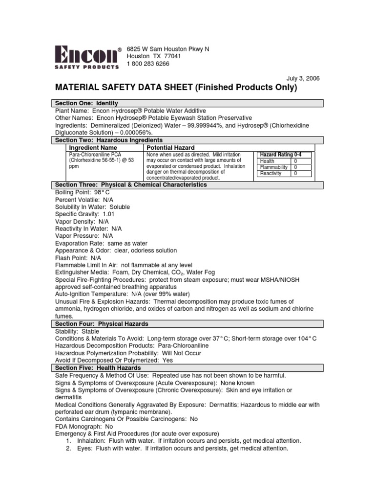 MATERIAL SAFETY DATA SHEET (Finished Products Only) : Section One ...