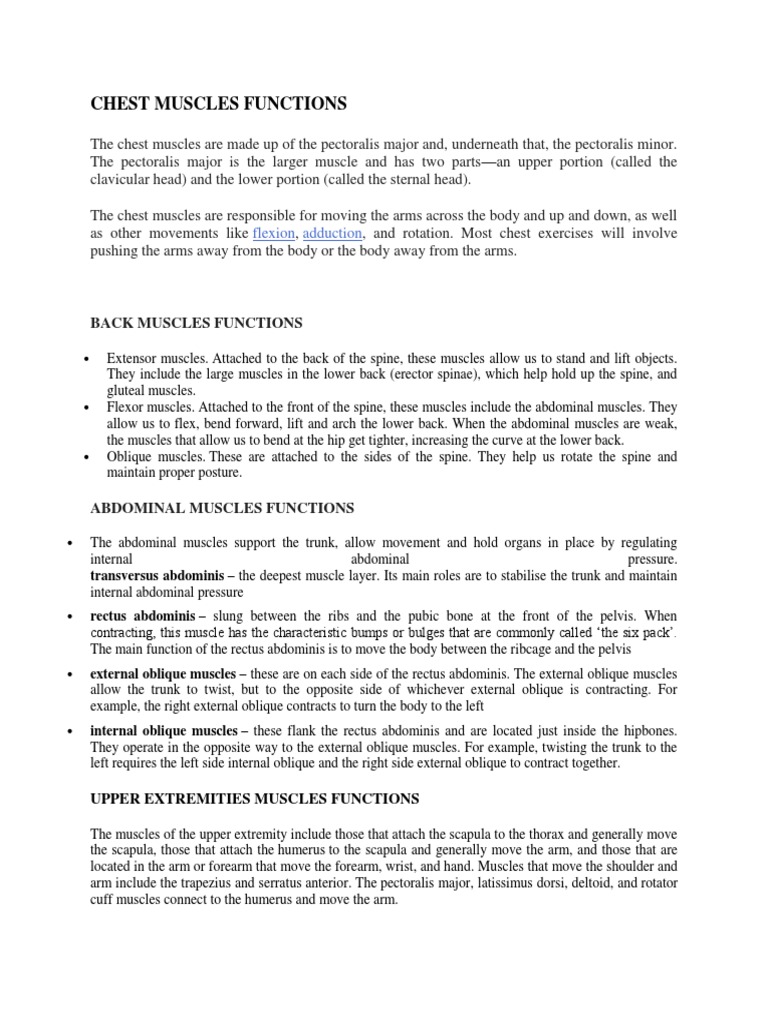 Chest Muscles Functions: Flexion Adduction | PDF | Body Mass Index | Pelvis