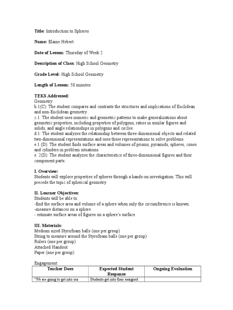 Sphere Lesson Plan | PDF | Sphere | Area