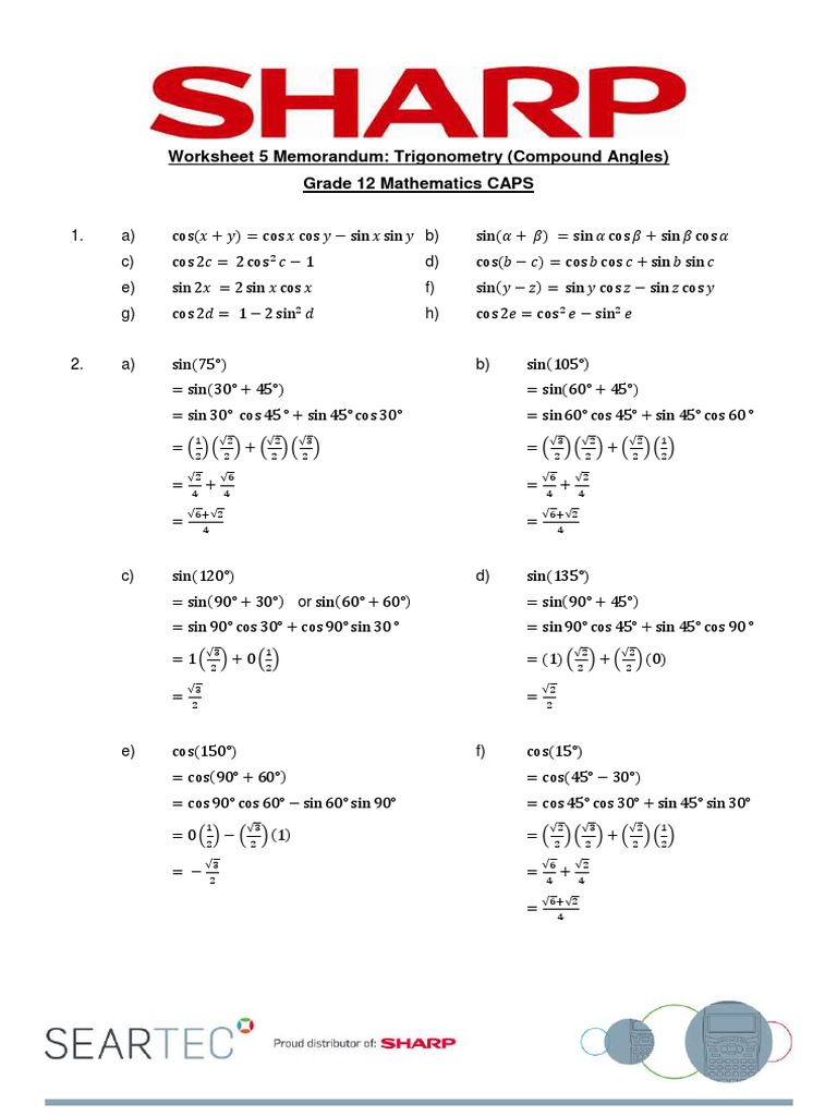 Worksheet 5 Memorandum: Trigonometry (Compound Angles) Grade 12 ...