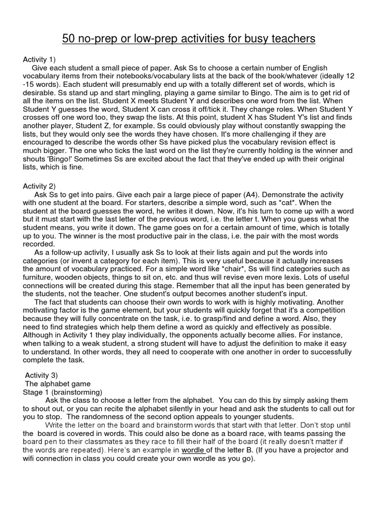 50 No-Prep or Low-Prep Activities | PDF | Vocabulary | English Language