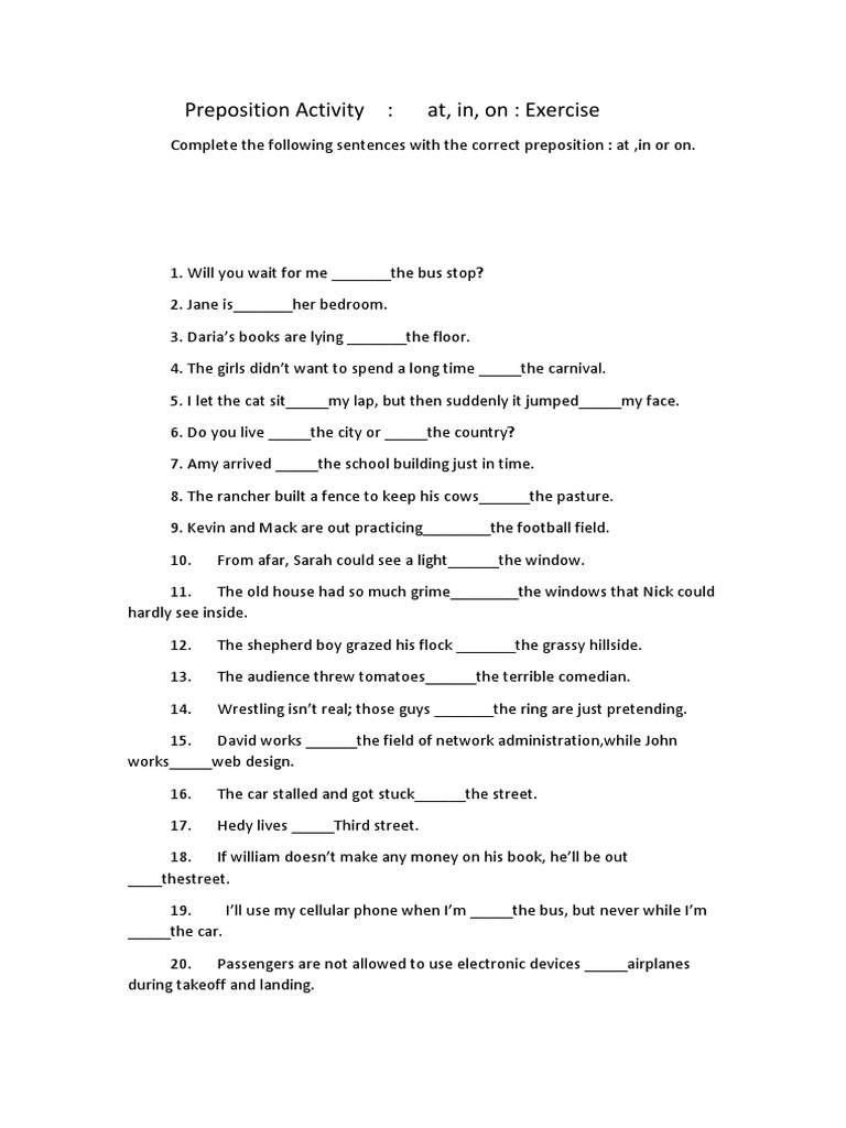 Preposition Activity: At, In, On: Exercise | PDF