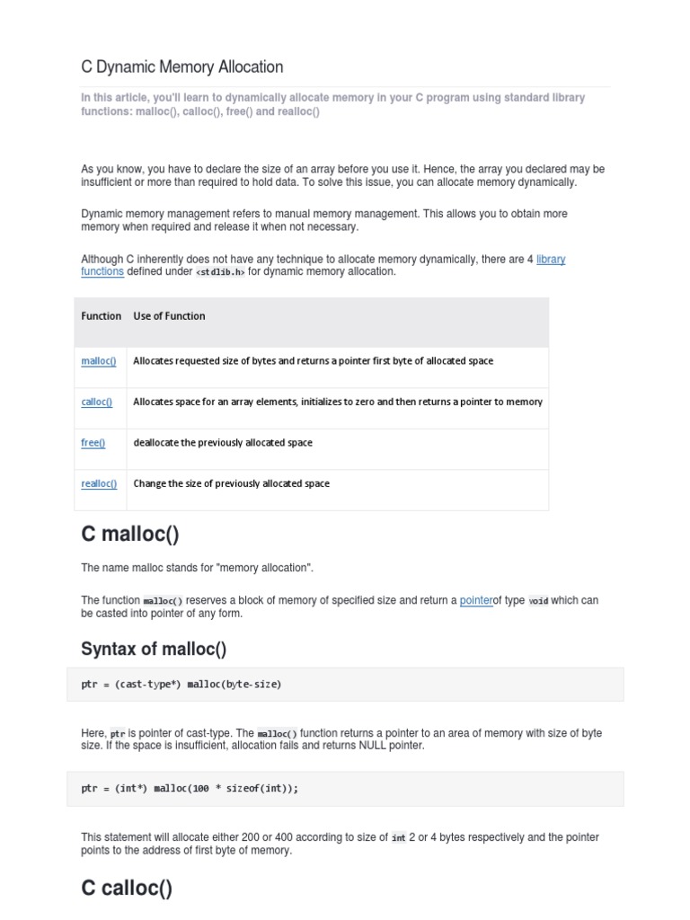 C Malloc : C Dynamic Memory Allocation | Download Free PDF | Time Complexity | Pointer (Computer ...