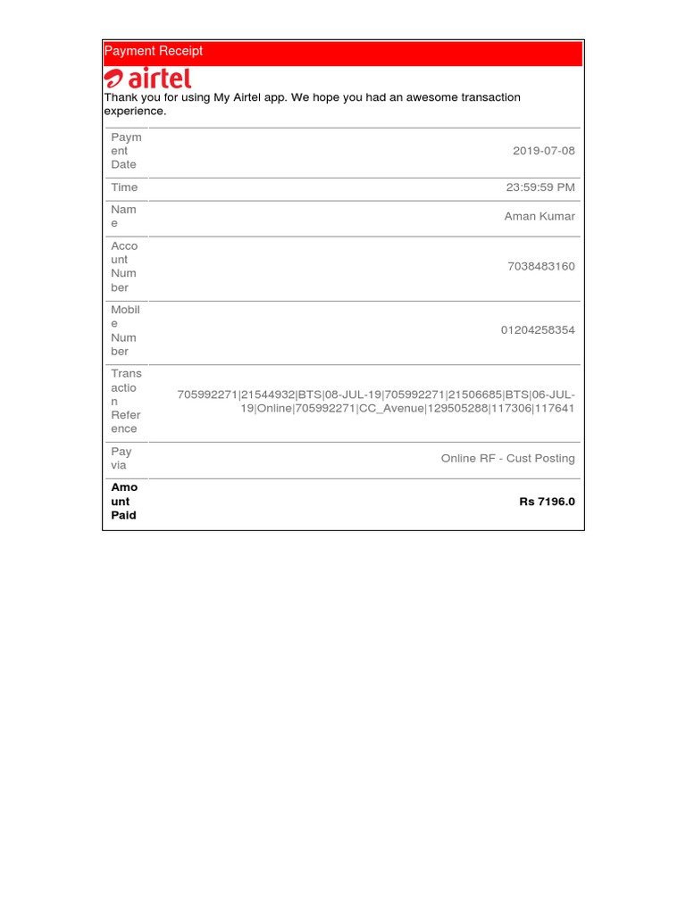 Payment Receipt: Thank You For Using My Airtel App. We Hope You Had An Awesome Transaction ...