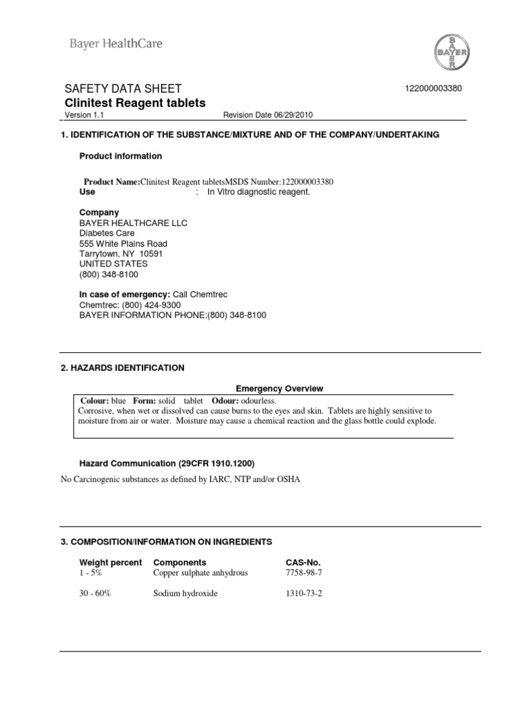 Clinitest Reagent Tablets Safety Data | PDF | Dangerous Goods ...