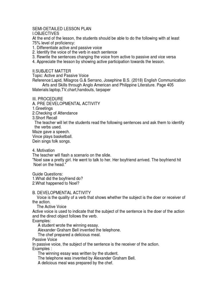 Active Passive Voice Lesson Plan | PDF | Verb | Linguistics Active Passive Voice Lesson Plan | PDF | Verb | Linguistics