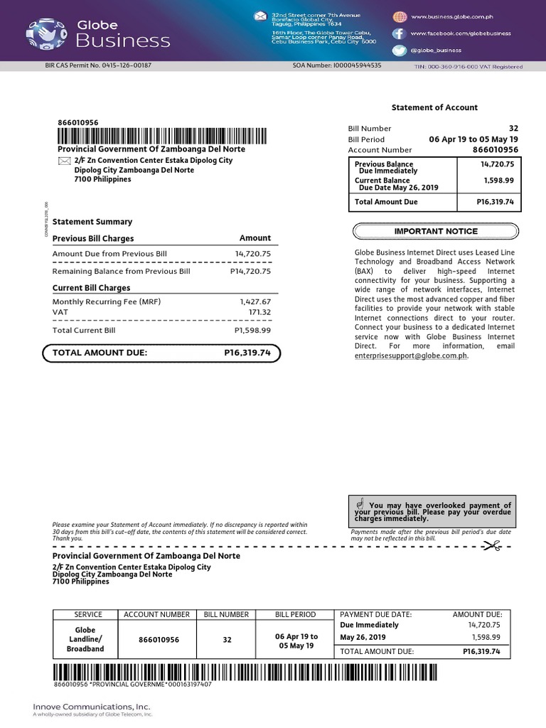 Statement of Account 32 06 Apr 19 To 05 May 19 866010956: Bill Number ...