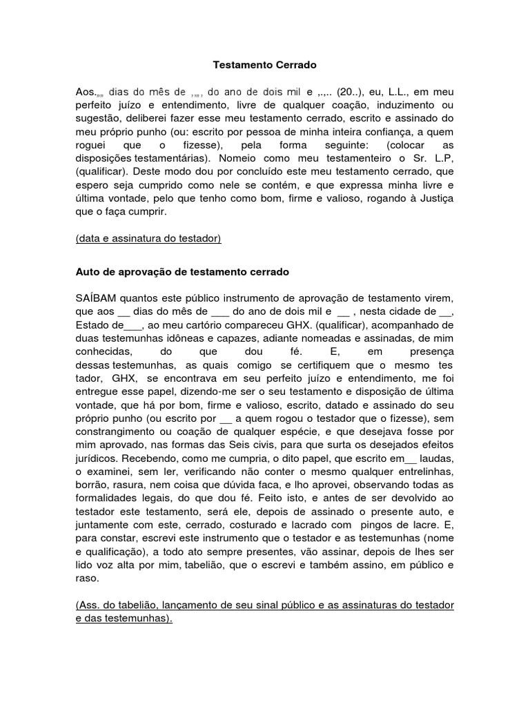 MODELO de Testamento Cerrado | Testamento | Governo