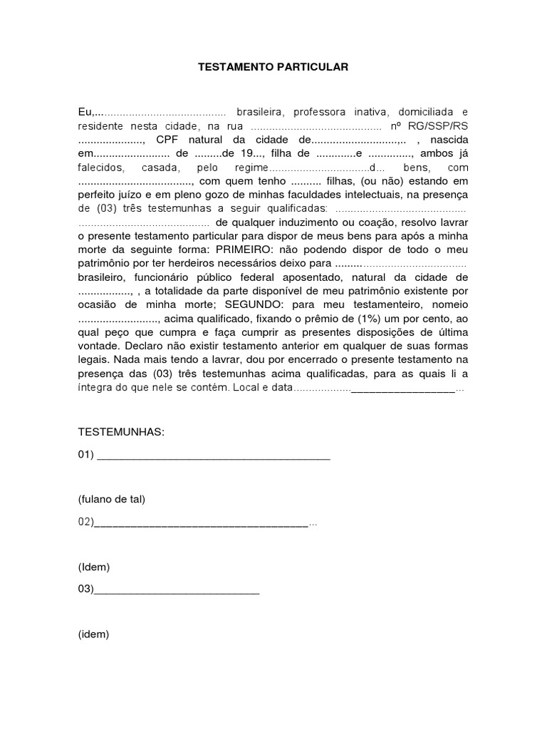 Modelo de Testamento Particular | PDF | Testamento