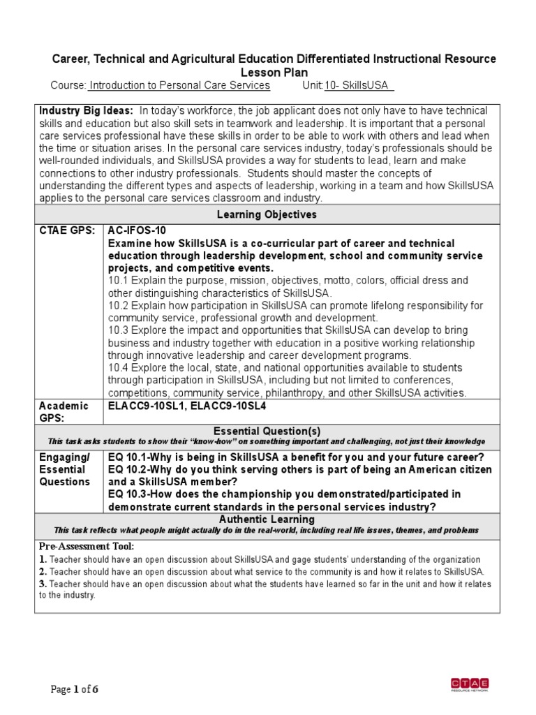Skills USA Lesson Plans | PDF | Teachers | Educational Assessment