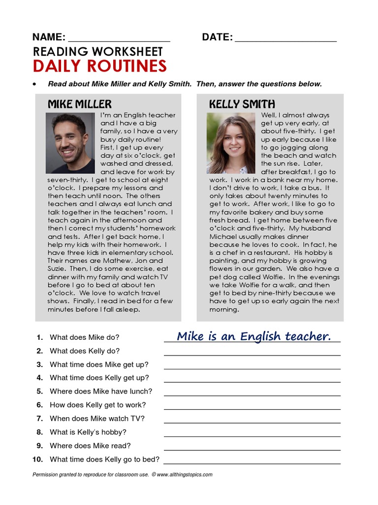 Reading Worksheet Daily Activities | PDF | Learning