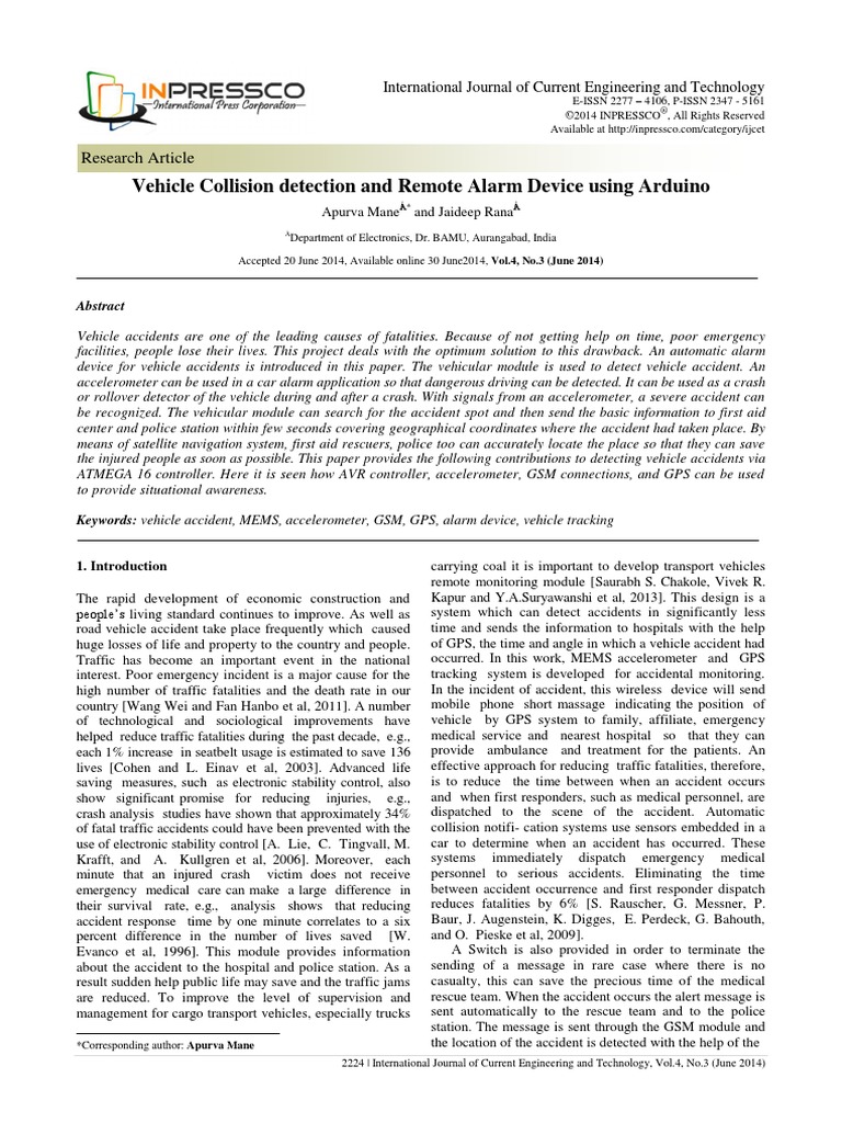 Vehicle Collision Detection and Remote Alarm Device Using Arduino | PDF ...
