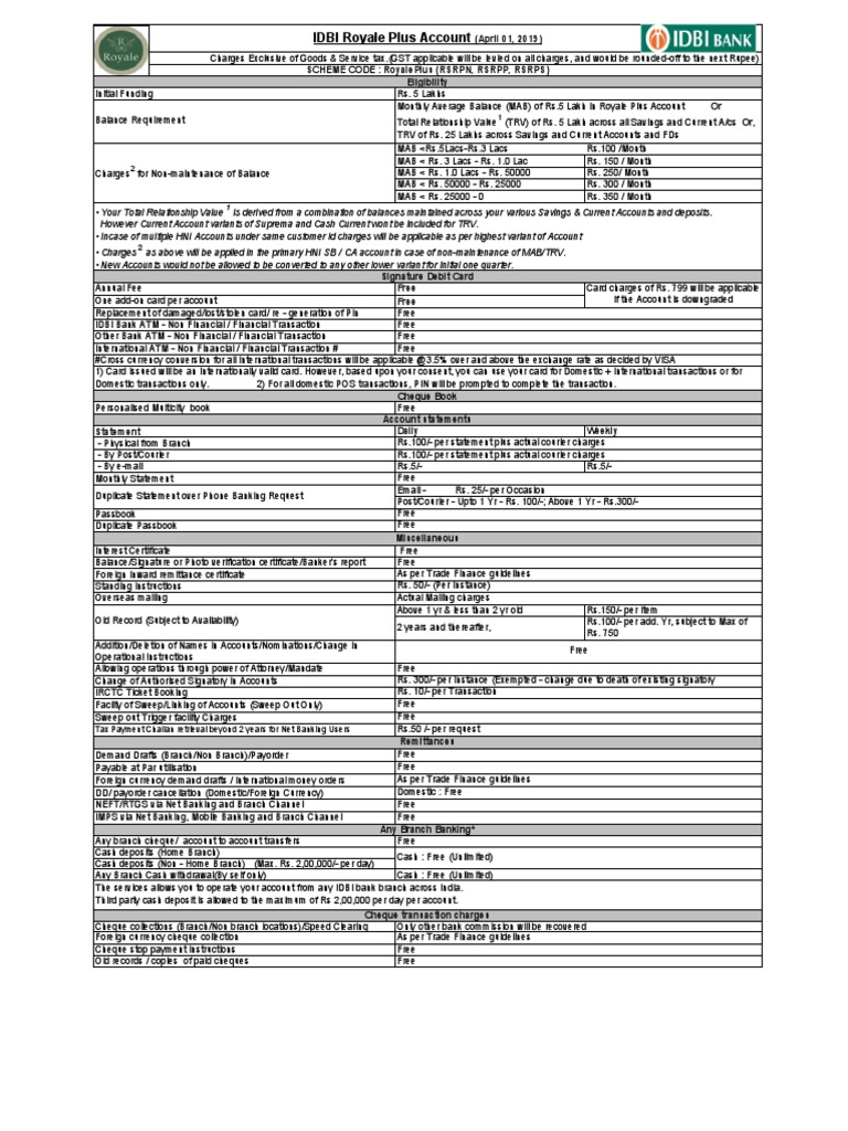 IDBI Royale Plus Account Sep 01 2018 | PDF | Cheque | Financial Transaction