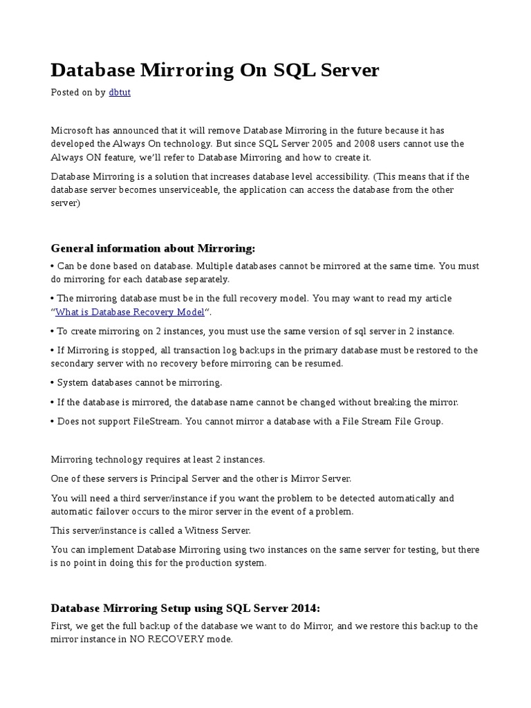 Database Mirroring On SQL Server - Odt | PDF | Microsoft Sql Server ...