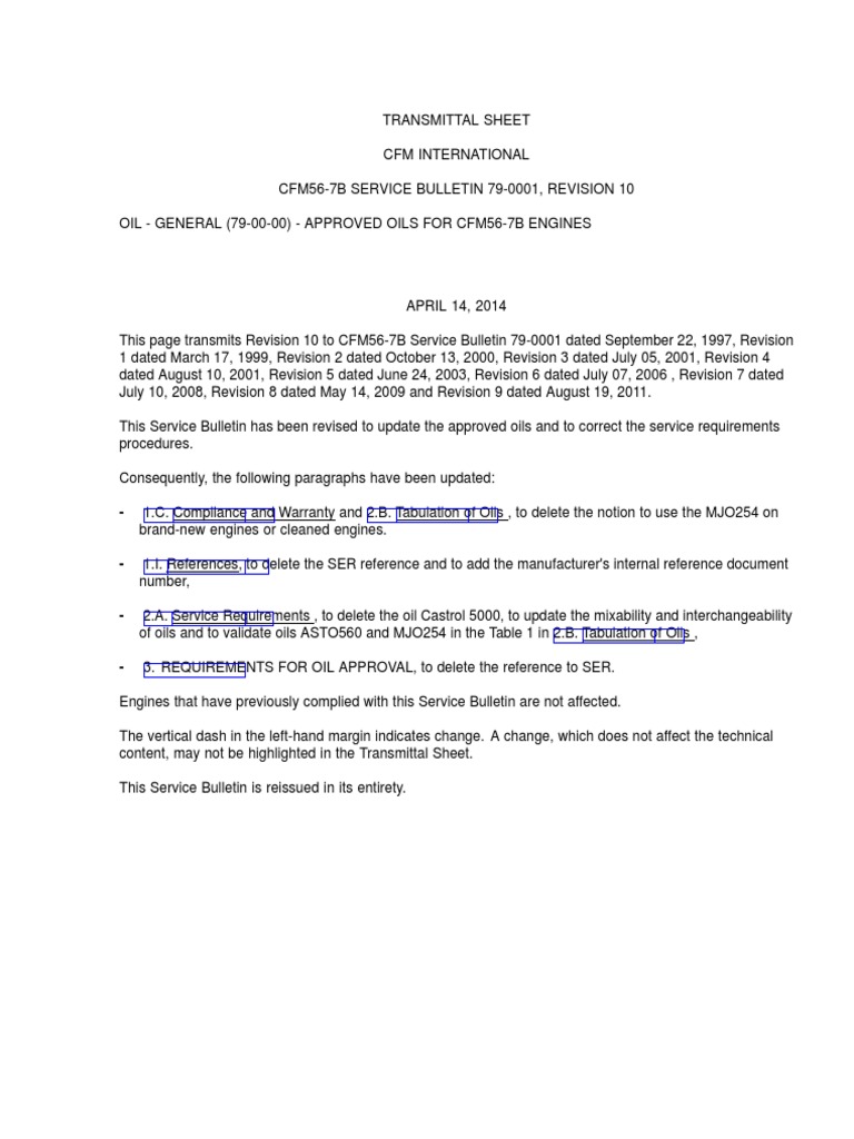 CFM56-7B Service Bulletin Updates Approved Engine Oils | PDF | Motor ...