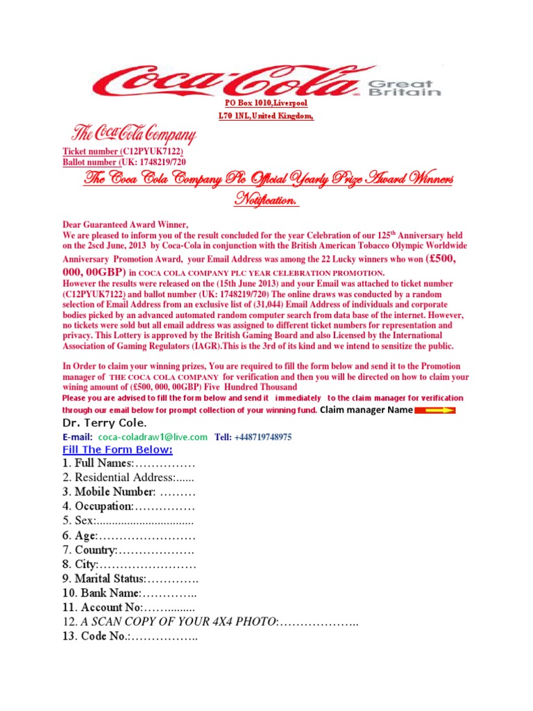 The Coca Cola Company PLC Official Yearly Prize Award Winners ...