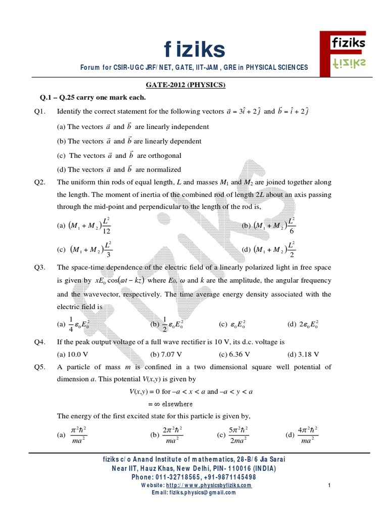 Gate 2012 PDF | PDF | Spin (Physics) | Wave Function