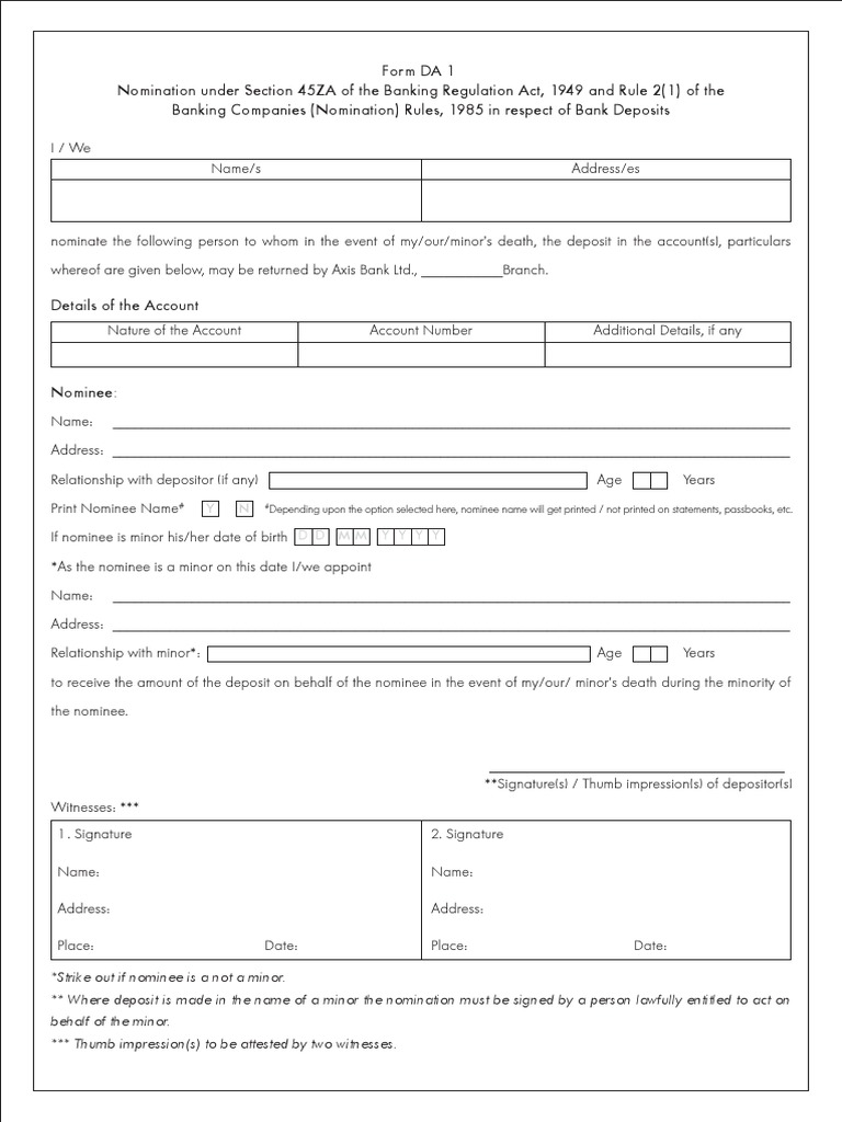Nomination Forms For Add Nominee (Da1) | PDF | Deposit Account | Banks
