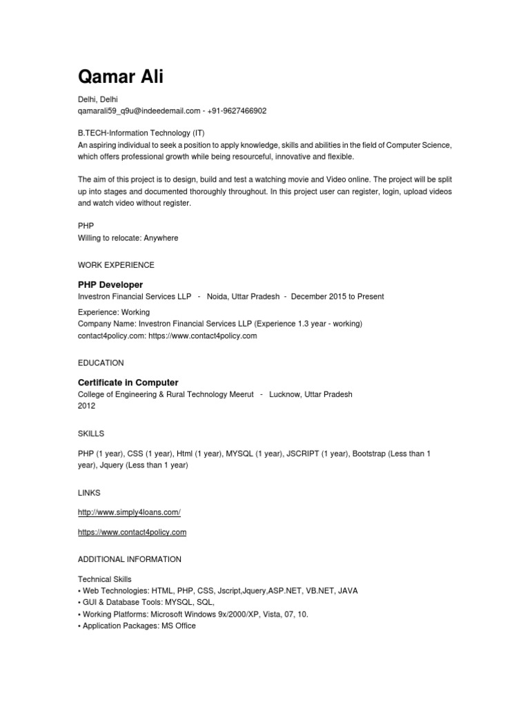 Qamar Ali: PHP Developer | PDF | Computers