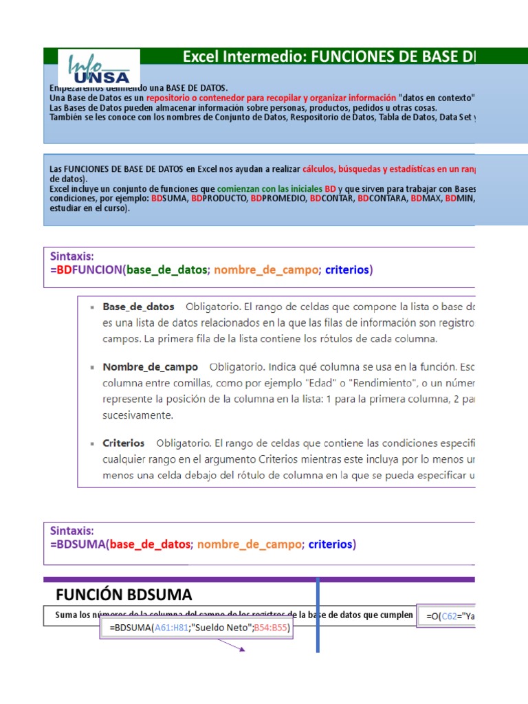 Funciones Base de Datos | PDF | Bases de datos | Microsoft Excel