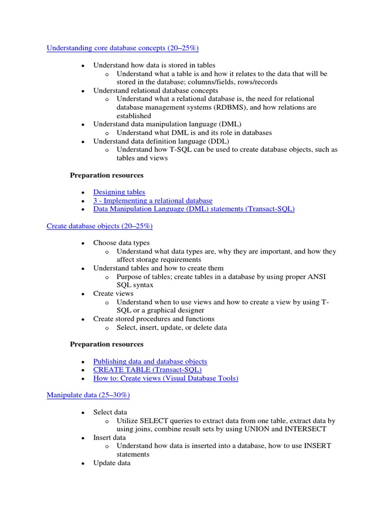 98-364 Syllabus | PDF | Databases | Relational Database