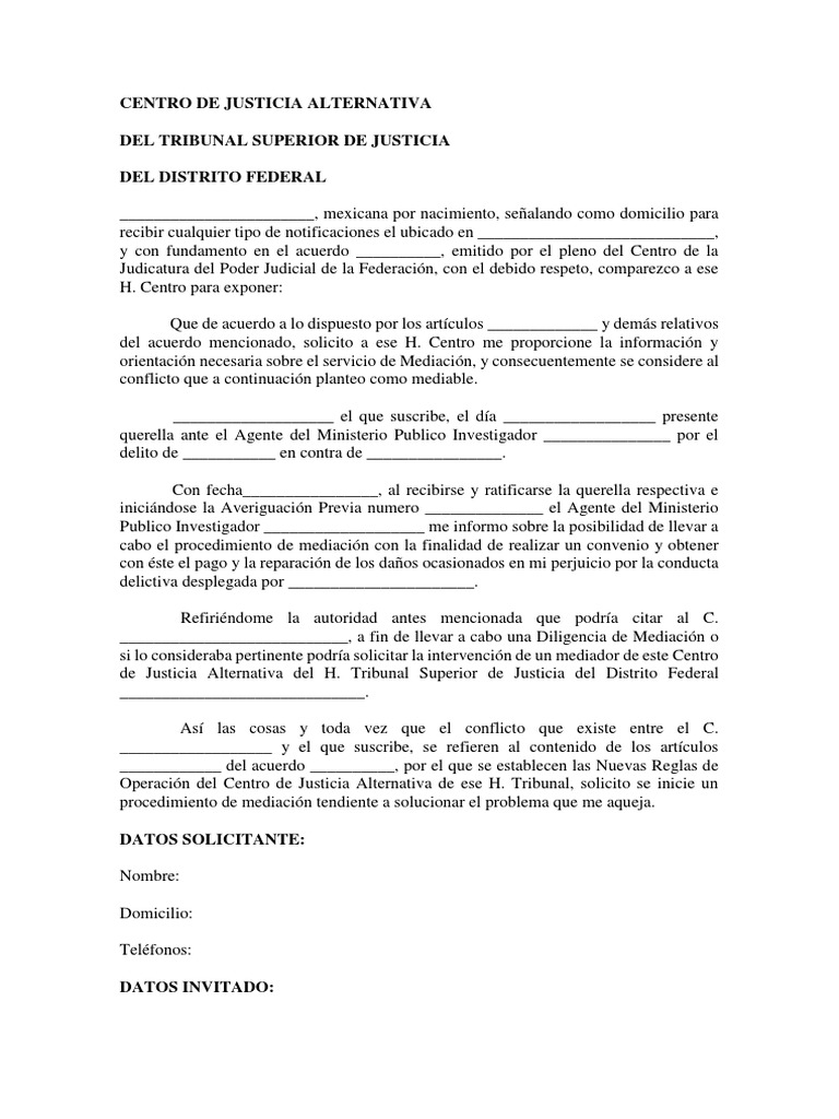 Solicitud De Mediación En Justicia Alternativa Pdf Mediación