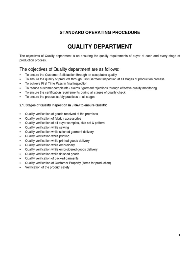 Quality SOP | PDF | Quality Assurance | Sewing