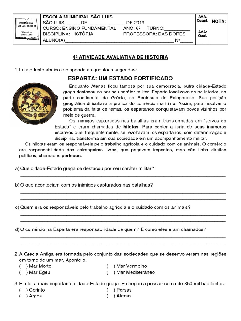 Prova de História | PDF | Esparta | Grécia Antiga