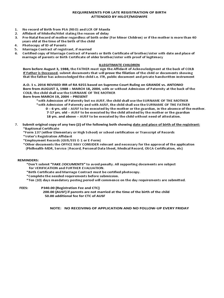 Late Registration of Birth Requirements | PDF | Birth Certificate ...