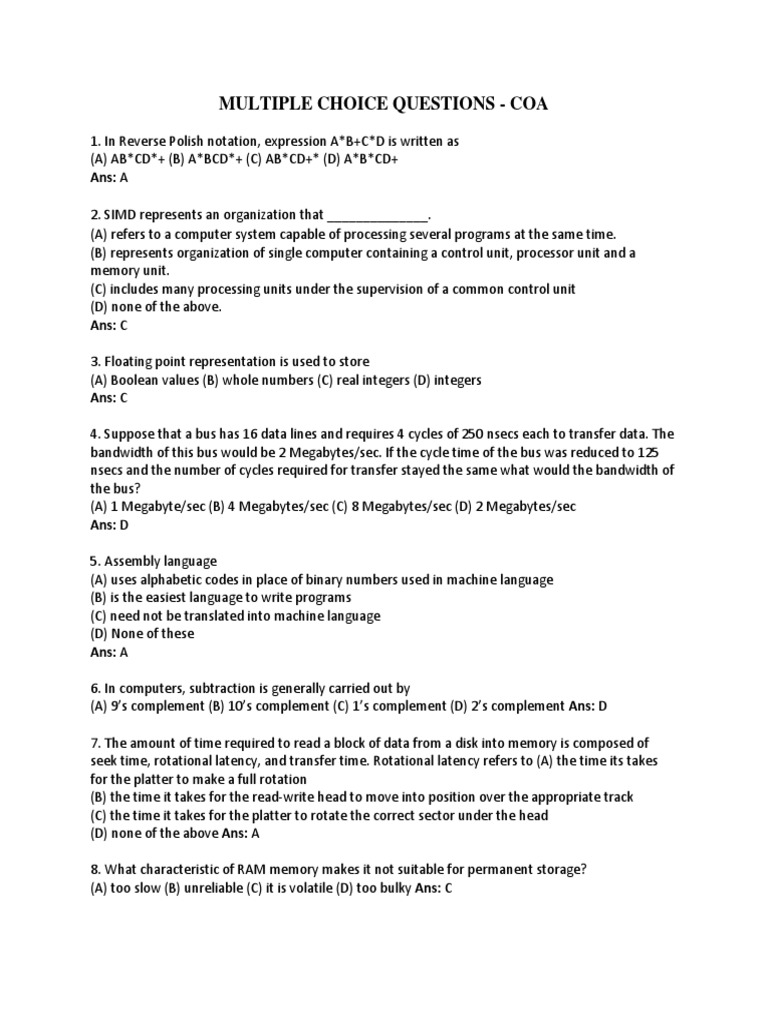 Multiple Choice Questions - Coa: Ans: A | PDF | Random Access Memory | Subroutine