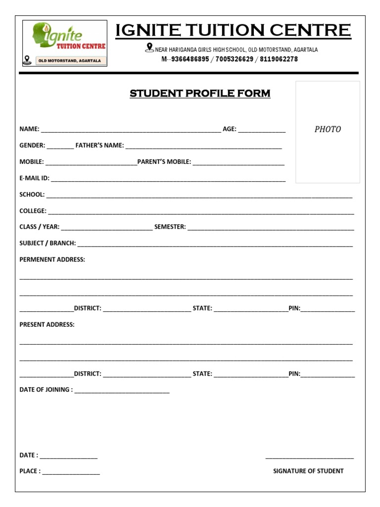 Ignite Tuition Centre: Student Profile Form | PDF