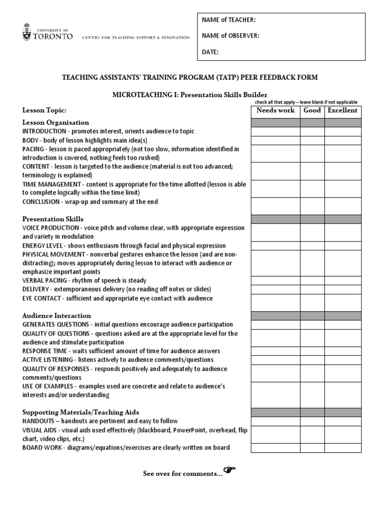 Microteaching Peer Feedback Form | PDF | Communication | Cognition
