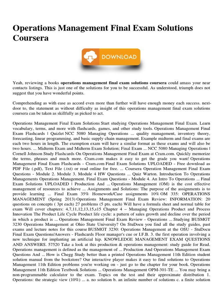 Operations Management Final Exam Solutions Coursera | PDF | Operations ...