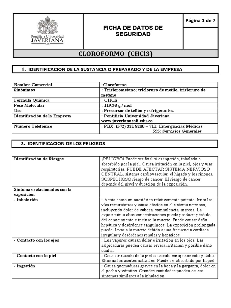 Ficha de Seguridad del Cloroformo (CHCl3) | PDF | Cloroformo | Aluminio
