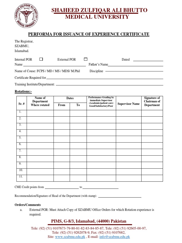 Performa For Experience Certificate | PDF