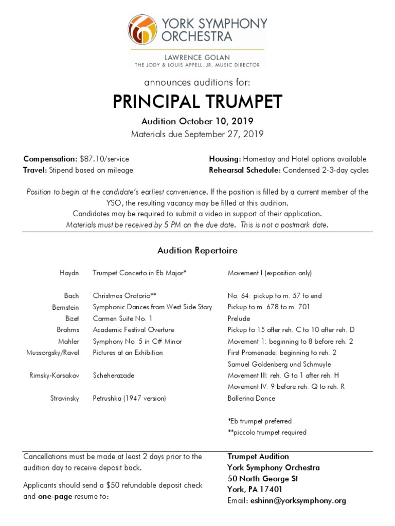 YSO - Fall 2019 Principal Trumpet Audition Announcement | PDF ...