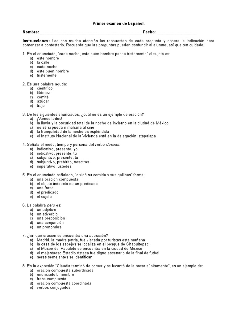 Examen Español 1 | PDF | Oración (Lingüística) | Verbo