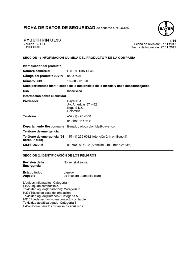 Ficha de Seguridad Pybuthrin 33 | Oxígeno | Pesticida