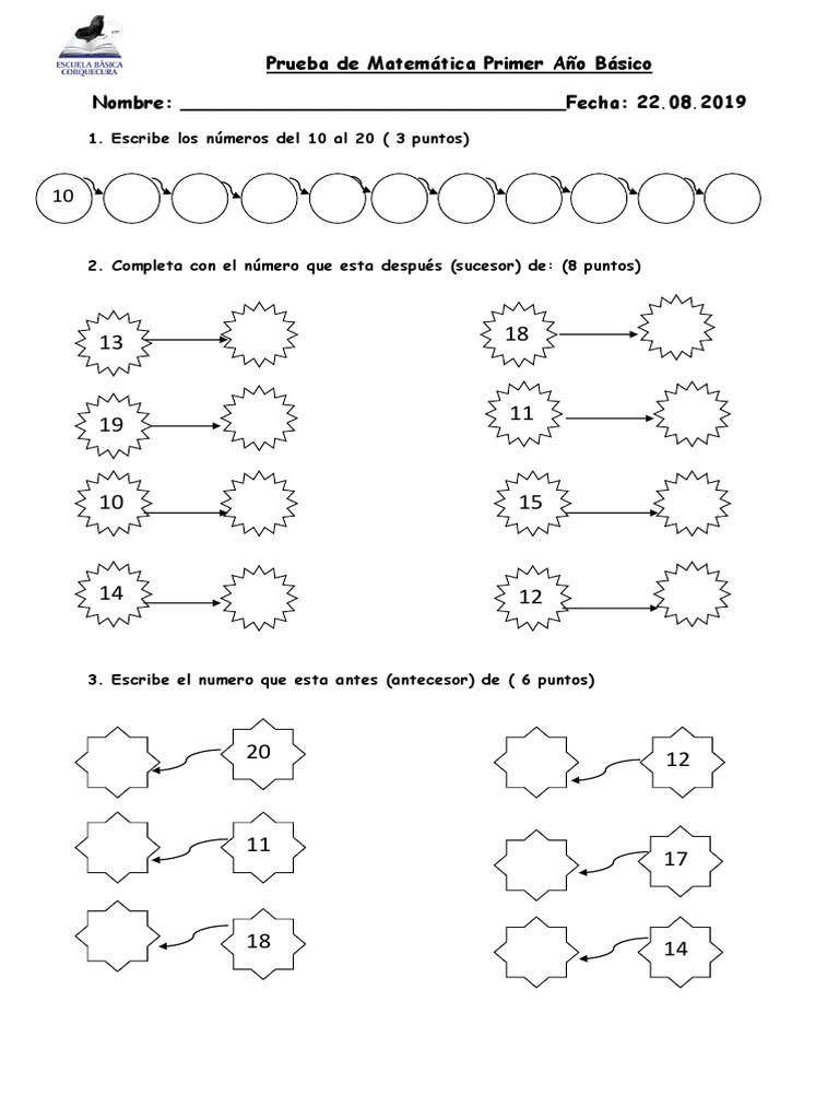 Prueba de Matemática Primer Año Básico Numeros Del 10 Al 20 | PDF