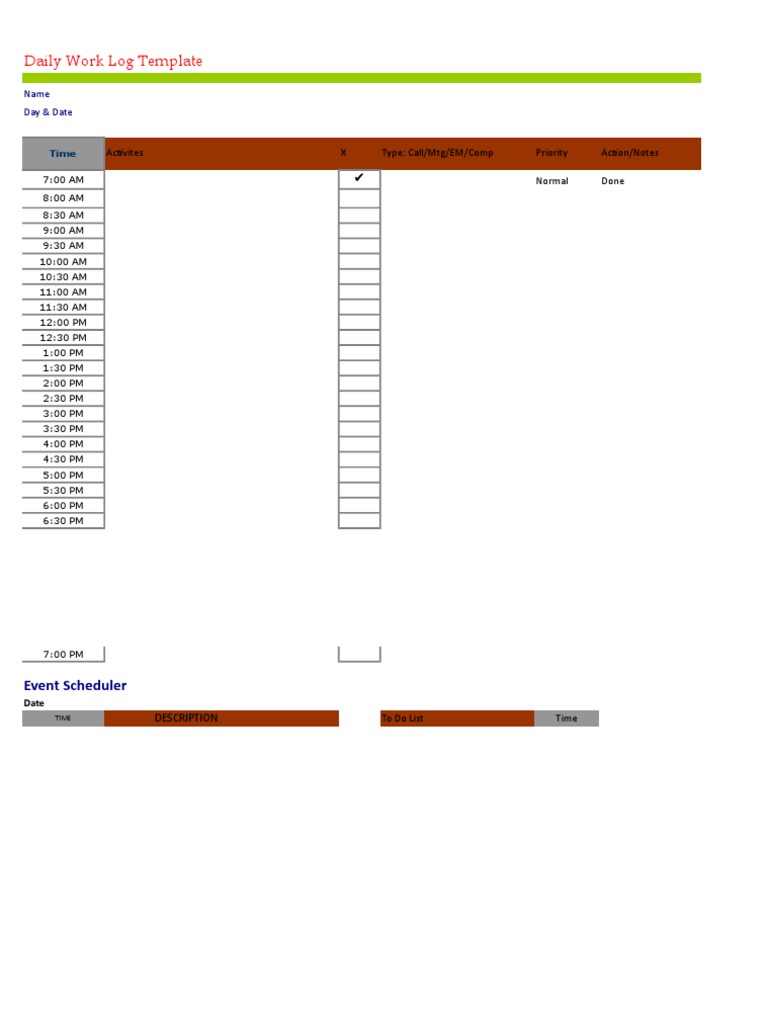 Daily Work Log Template: Activites X Type: Call/Mtg/EM/Comp Priority ...