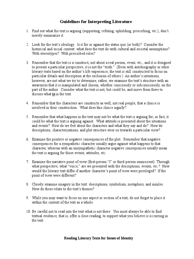Guidelines For Interpreting Lit | PDF | Narration | Identity (Social ...