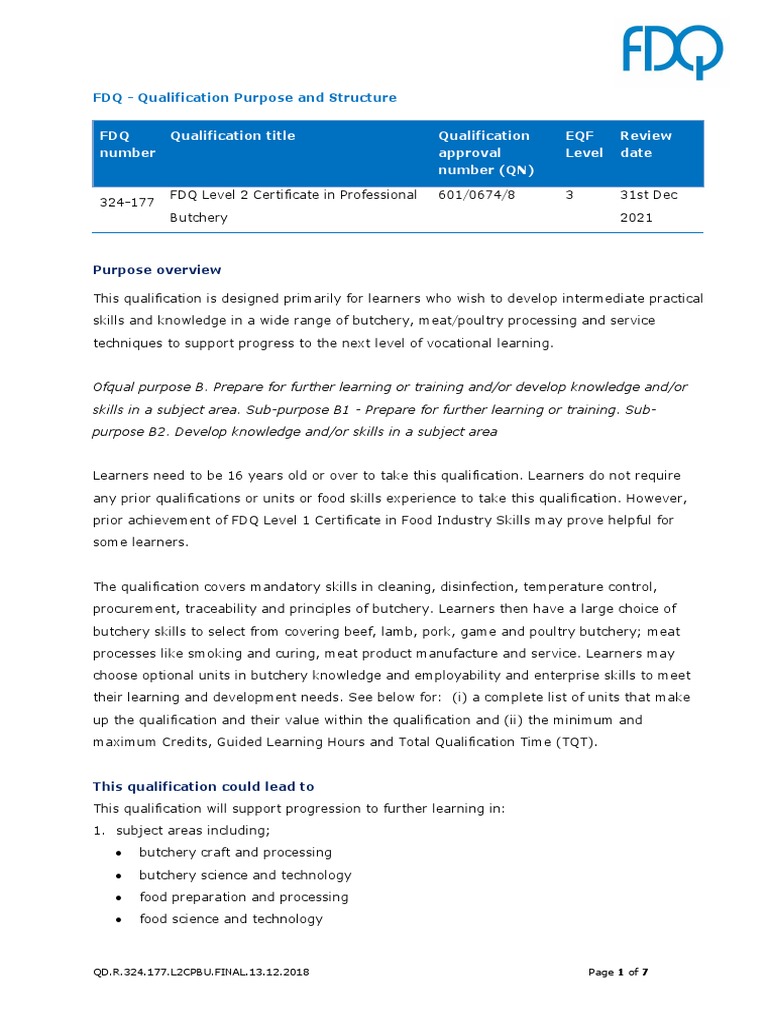 FDQ Level 2 Certificate in Professional Butchery 601.0674.8 | PDF ...