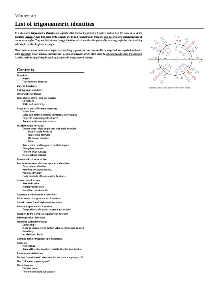 List of Trigonometric Identities | PDF | Trigonometric Functions | Sine