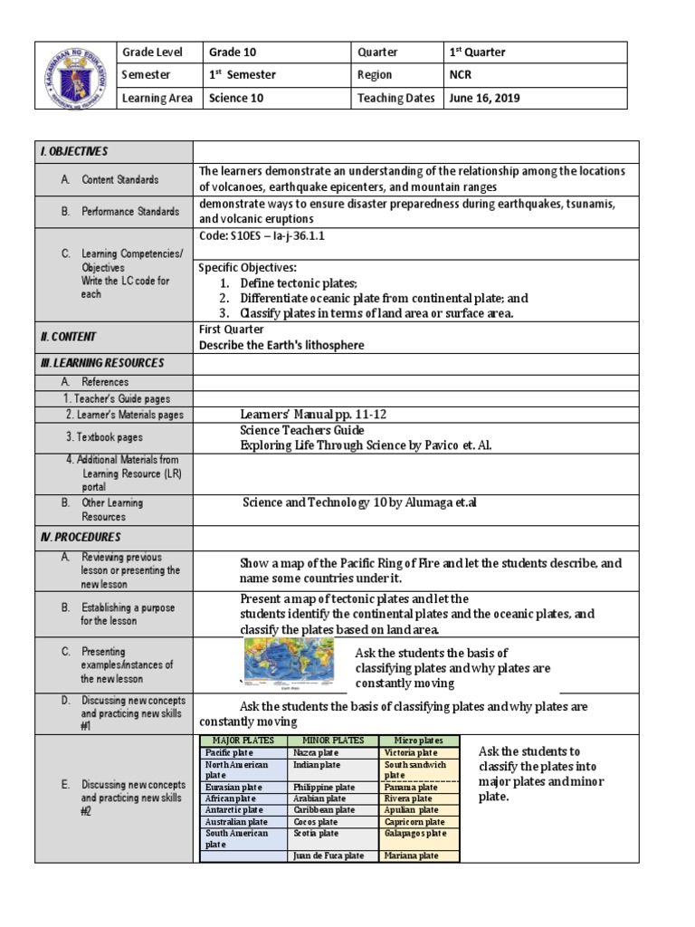 Grade 10 1 Quarter 1 Semester NCR Science 10: I. Objectives | PDF ...