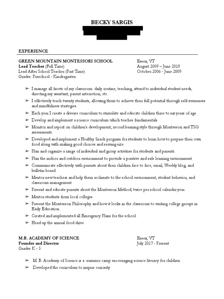 Becky Sargis Resume Uvm | PDF | Kindergarten | Teachers